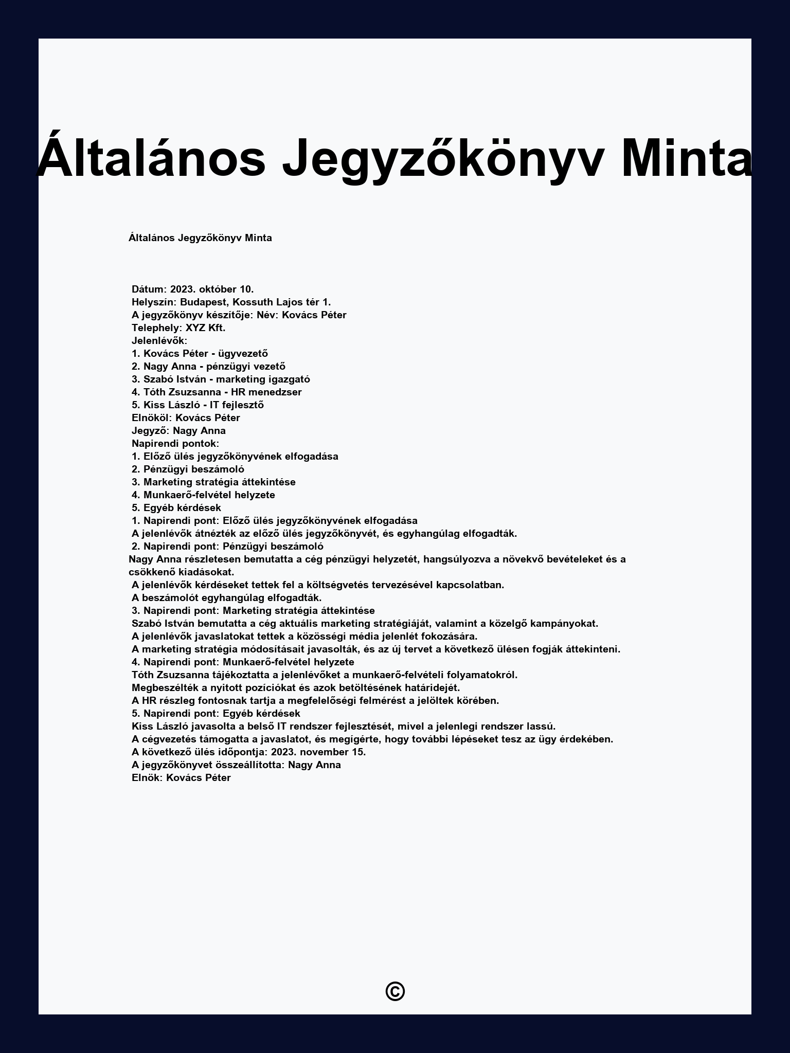 Általános Jegyzőkönyv Minta